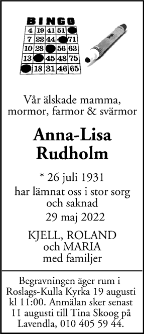 Till minne av Anna-Lisa Rudholm | Lavendla