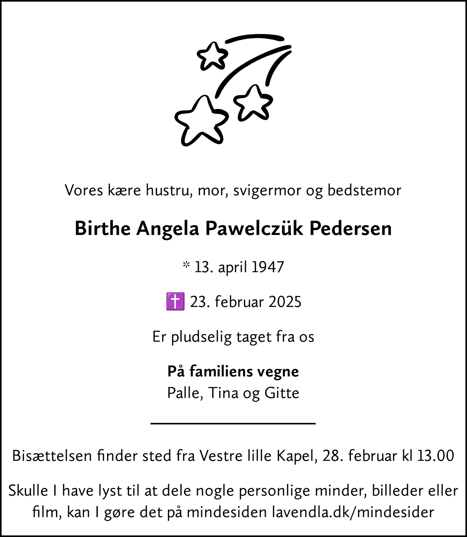 Til minde om Birthe Angela Pawelczük Pedersen - Lavendla